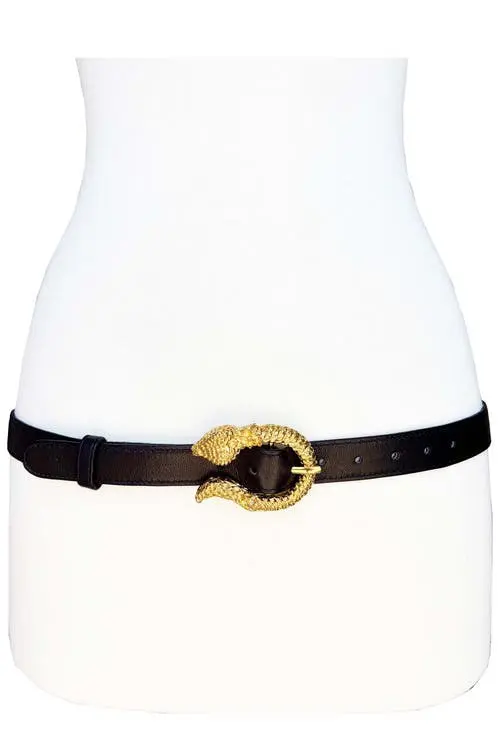 RAINA BELTS Round Mini Snake Buckle Leather Belt - Black