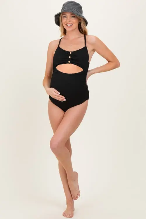 PINKBLUSH Ruched Crisscross Back Cut Out Maternity Swimsuit - Black