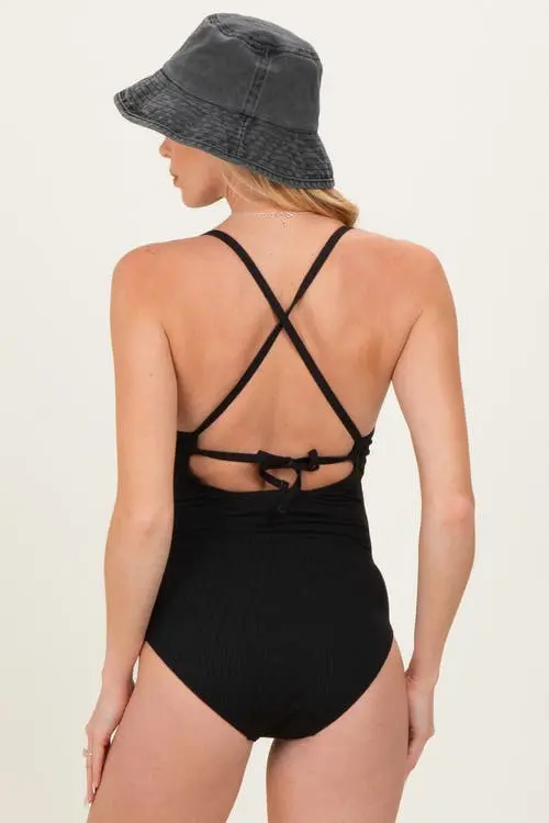 PINKBLUSH Ruched Crisscross Back Cut Out Maternity Swimsuit