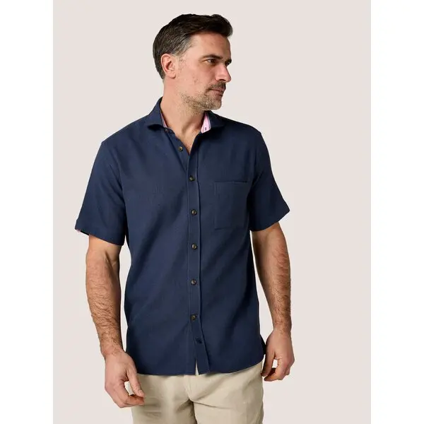 KOY CLOTHING Cotton Short Sleeve Sack Weave Shirt - Navy