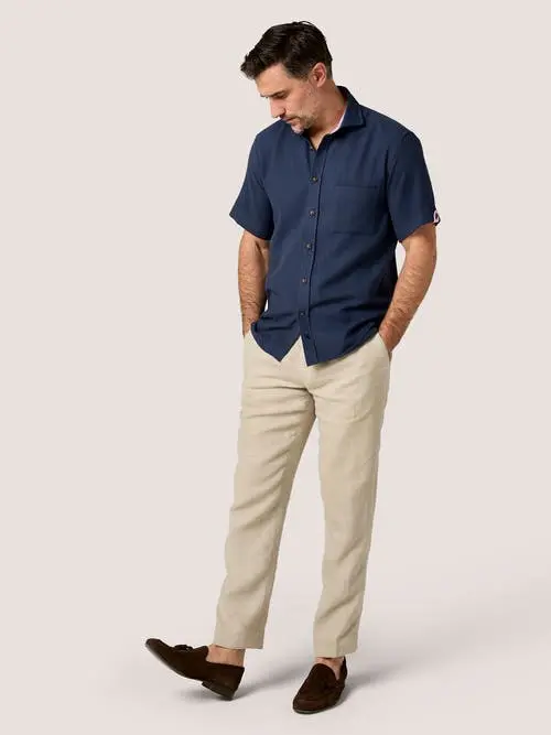 KOY CLOTHING Cotton Short Sleeve Sack Weave Shirt - Navy