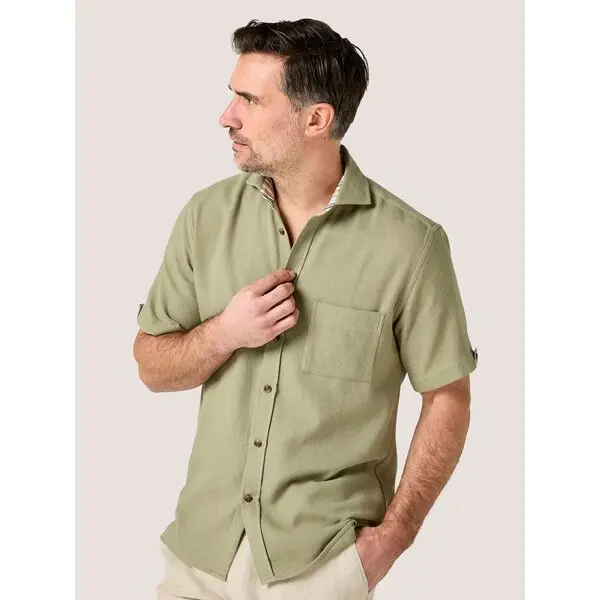 KOY CLOTHING Cotton Short Sleeve Sack Weave Shirt - Olive