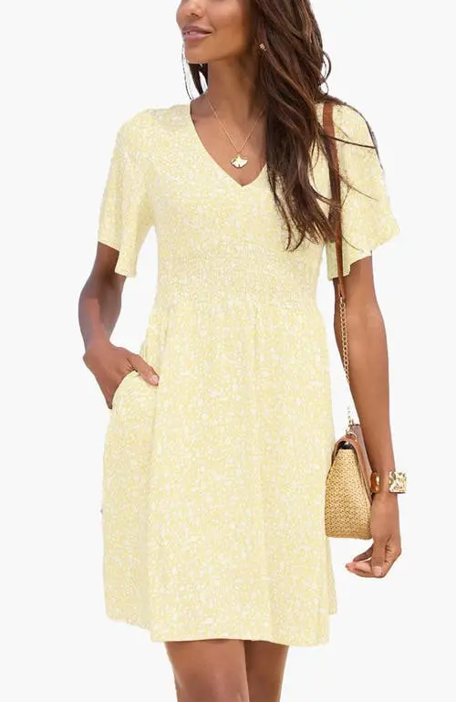 LASCANA Floral Flutter Sleeve Dress - Yellow