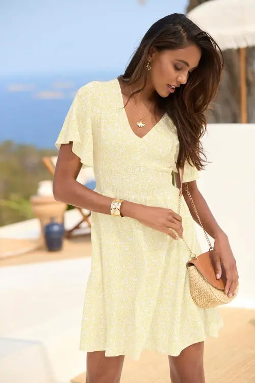 LASCANA Floral Flutter Sleeve V-neck Dress
