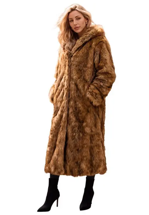Roaman's Hooded Faux Fur Coat - Black
