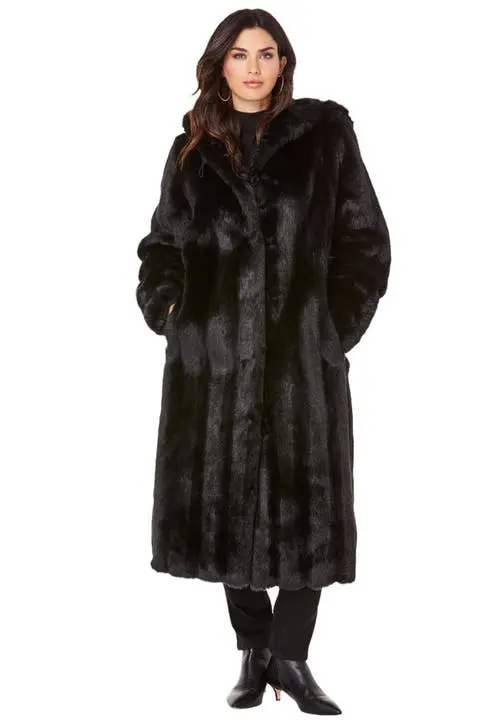Roaman's Hooded Faux Fur Long Coat - Black