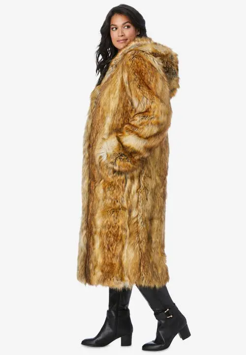 Roaman's Hooded Faux Fur Long Coat - Black