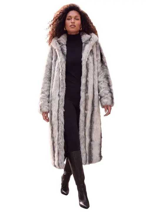 Roaman's Hooded Faux Fur Long Coat - Chinchilla