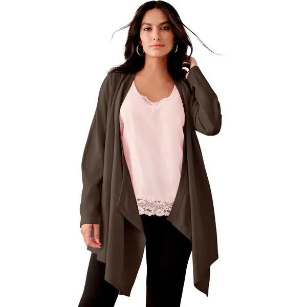 Roaman's Lightweight Handkerchief Hem Cardigan Sweater - Chocolate