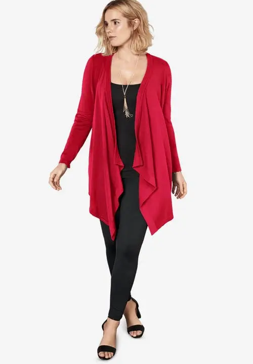 Roaman's Lightweight Handkerchief Hem Cardigan Sweater - Classic Red