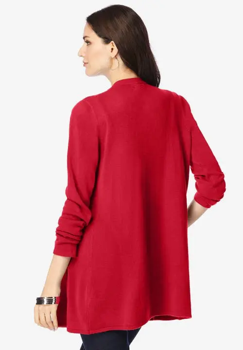 Roaman's Lightweight Handkerchief Hem Cardigan Sweater - Classic Red