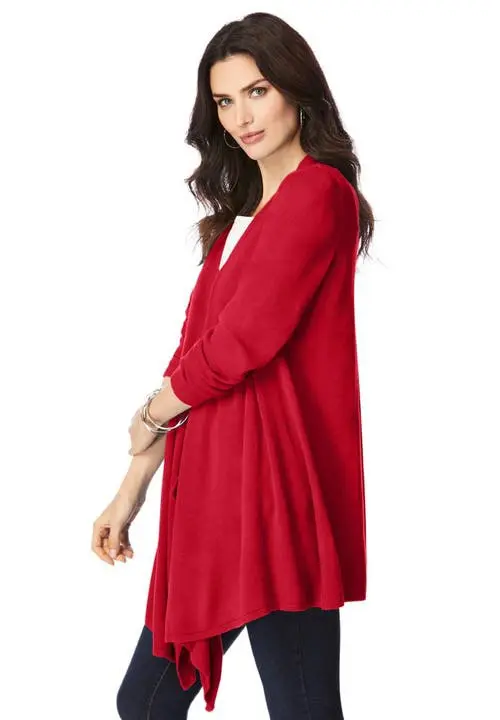 Roaman's Lightweight Handkerchief Hem Cardigan Sweater - Classic Red