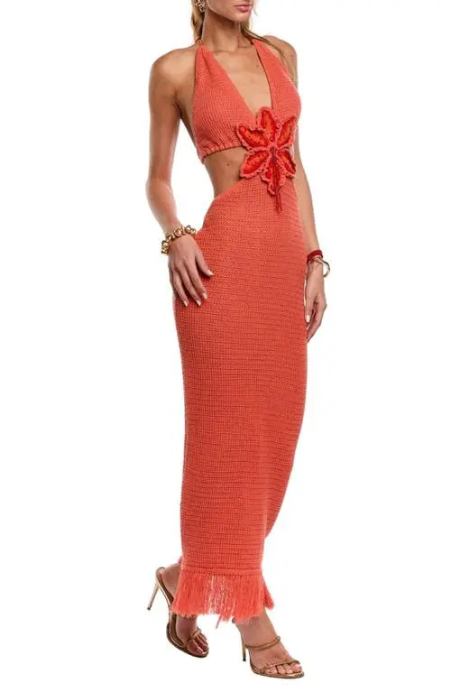 CAPITTANA Starla Halter Open Back Fringe Hem Cover-up Dress - Peach