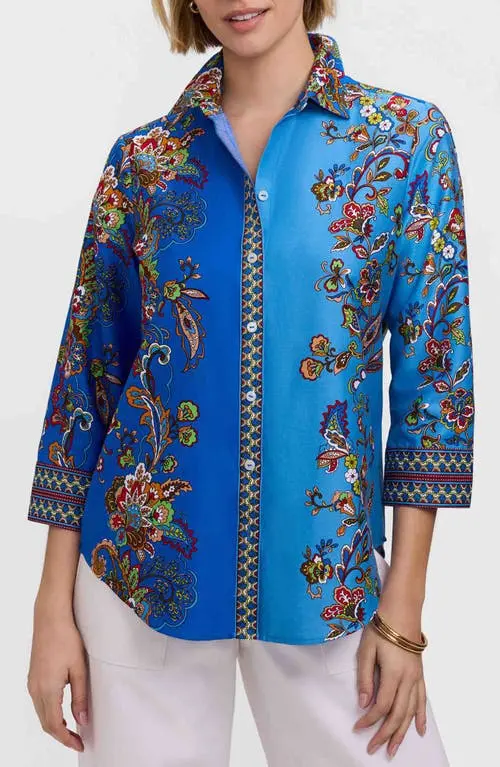Foxcroft Margaret Floral Three-quarter Sleeve Cotton Button-up Shirt - Blue Multi