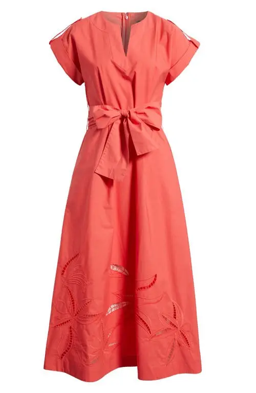Vince Camuto Ladder Stitch Embroidered Cotton Poplin Midi Dress With Tie Belt - Coral