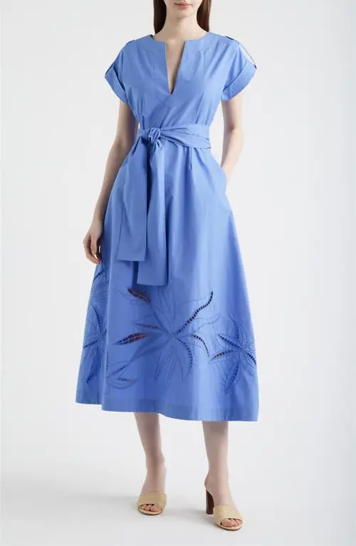 Vince Camuto Ladder Stitch Embroidered Cotton Poplin Midi Dress With Tie Belt - Periwinkle