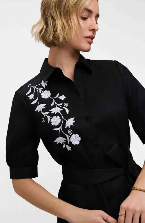 Foxcroft Esther Belted Floral Embroidered Shirtdress - Black/white