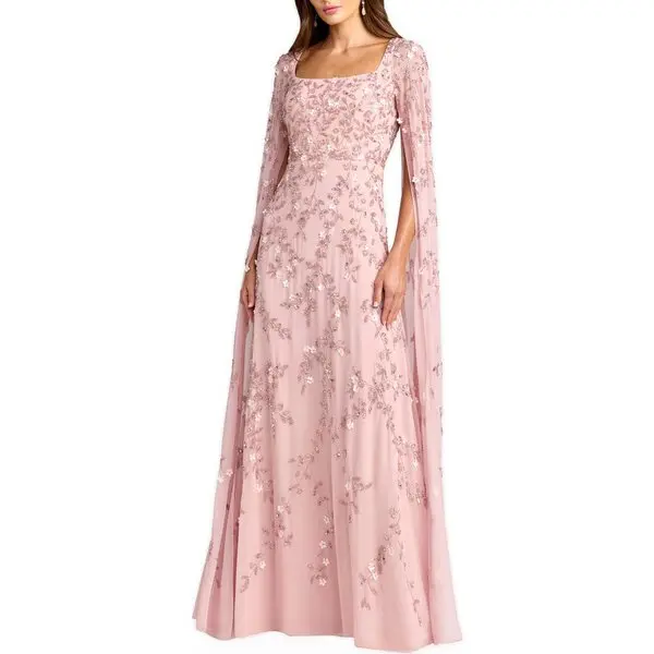 Mac Duggal Petite Embellished Cape Sleeve A-line Maxi Gown - Rose