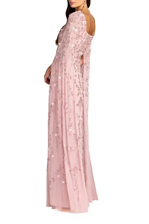 Mac Duggal Petite Embellished Cape Sleeve A-line Maxi Gown