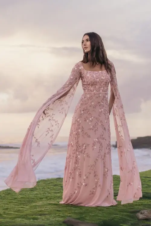 Mac Duggal Petite Embellished Cape Sleeve A-line Maxi Gown
