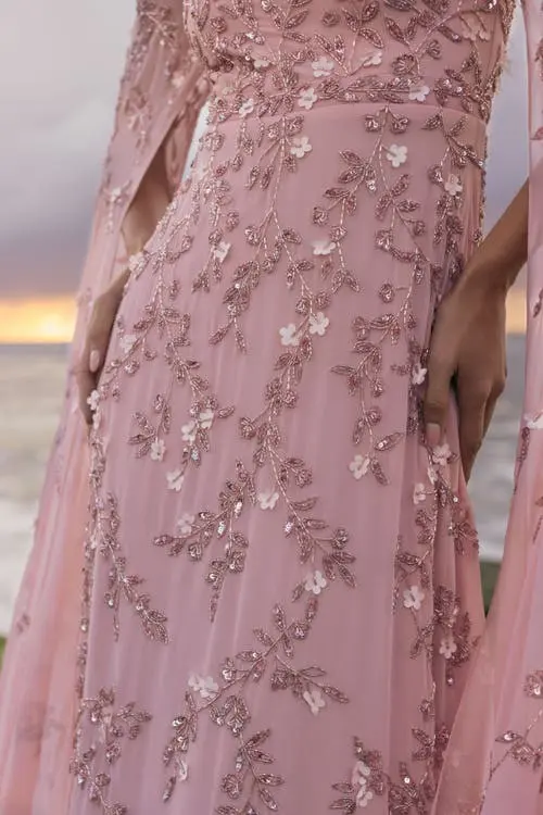 Mac Duggal Petite Embellished Cape Sleeve A-line Maxi Gown