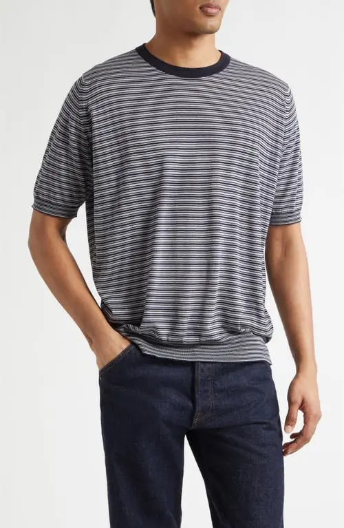 John Smedley Howick Stripe Merino Wool & Sea Island Cotton T-shirt - Navy/chalk