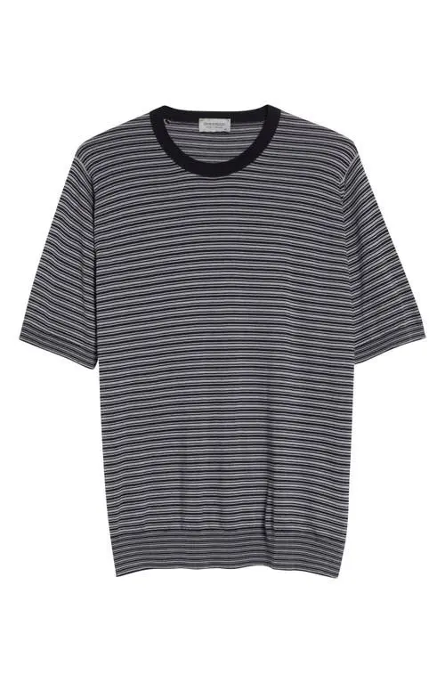 John Smedley Howick Stripe Merino Wool & Sea Island Cotton T-shirt - Navy/chalk