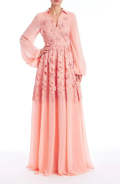 Badgley Mischka Floral Embellished Long Sleeve Evening Gown - Coral