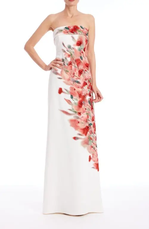 Badgley Mischka Embellished Floral Strapless Evening Gown - Ivory Multi