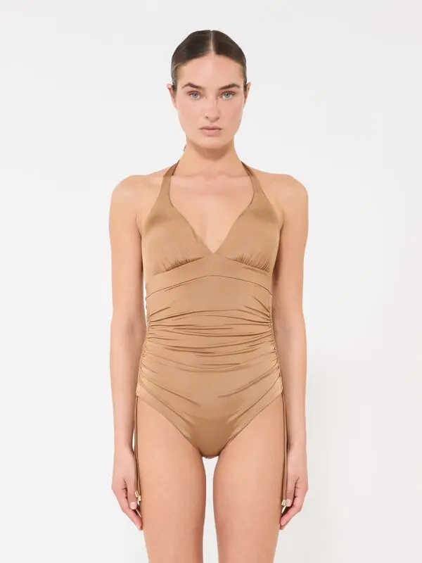 Max Mara Gathered Jersey One-piece Swimsuit - Camel