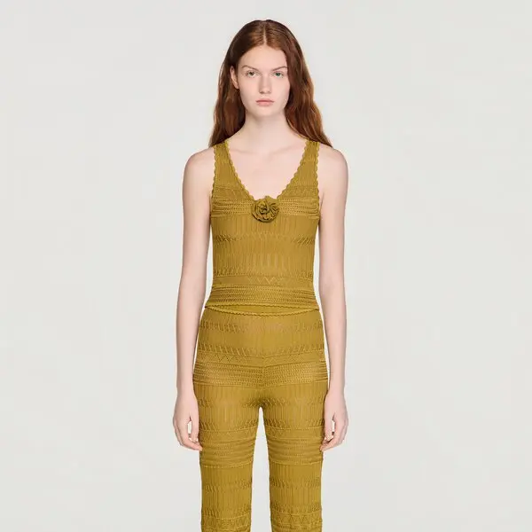 Sandro Floral Pointelle Knit Top - Olive