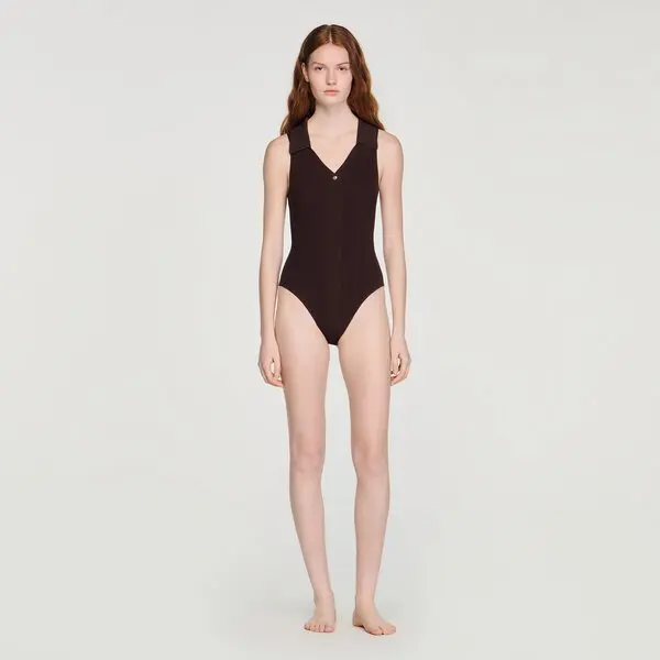 Sandro Ribbed Knit Polo Bodysuit