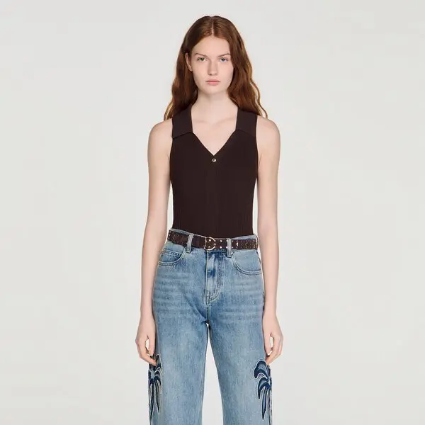 Sandro Ribbed Knit Polo Bodysuit