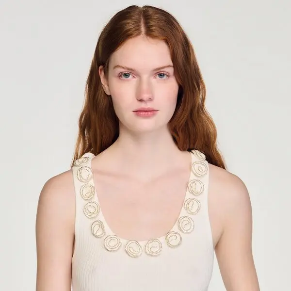Sandro Ribbed Knit Top With Beaded Roses