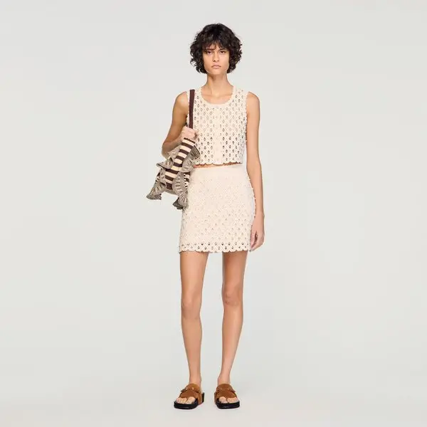 Sandro Mini Beaded Crochet Knit Flared Skirt - Ecru