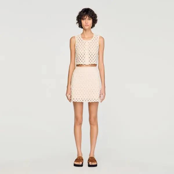 Sandro Mini Beaded Crochet Knit Flared Skirt - Ecru