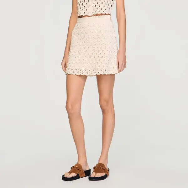 Sandro Mini Beaded Crochet Knit Flared Skirt - Ecru