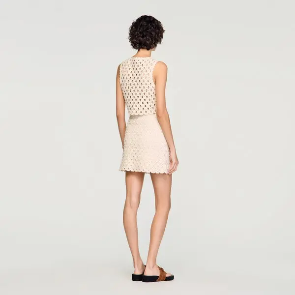 Sandro Mini Beaded Crochet Knit Flared Skirt - Ecru