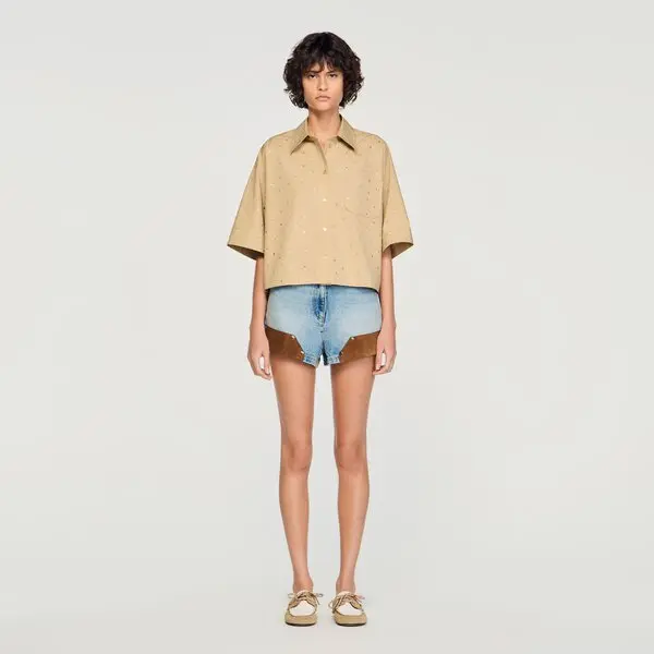 Sandro Cotton Rhinestone Shirt - Beige