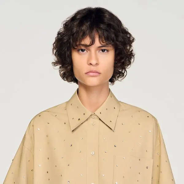 Sandro Cotton Rhinestone Shirt - Beige