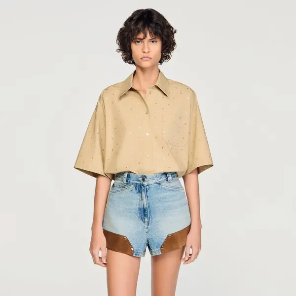 Sandro Cotton Rhinestone Shirt - Beige