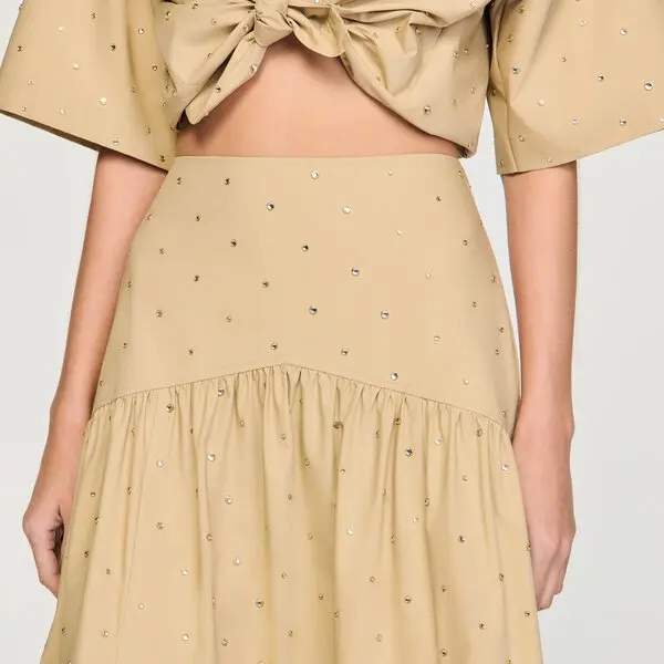 Sandro Maxi Rhinestone Cotton Flared Skirt - Beige