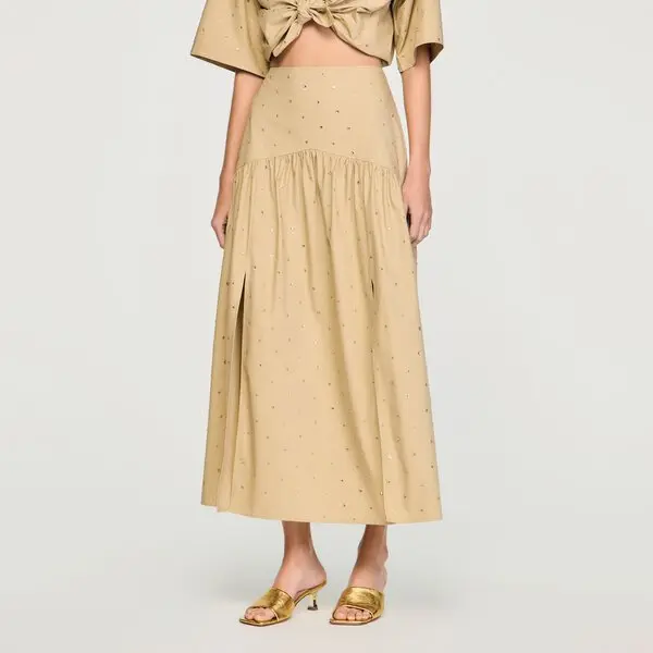 Sandro Maxi Rhinestone Cotton Flared Skirt - Beige