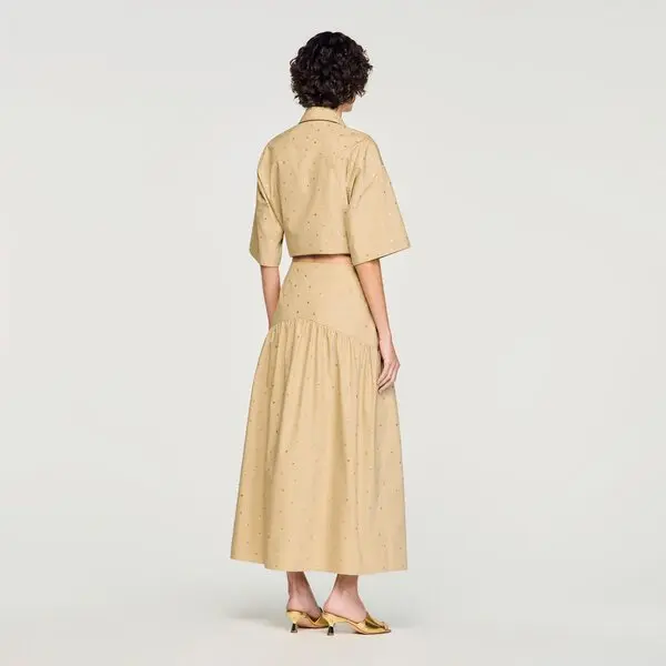 Sandro Maxi Rhinestone Cotton Flared Skirt - Beige