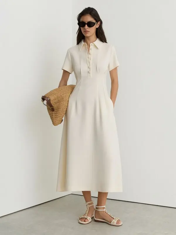 REISS Button-neck Midi Dress - Cream