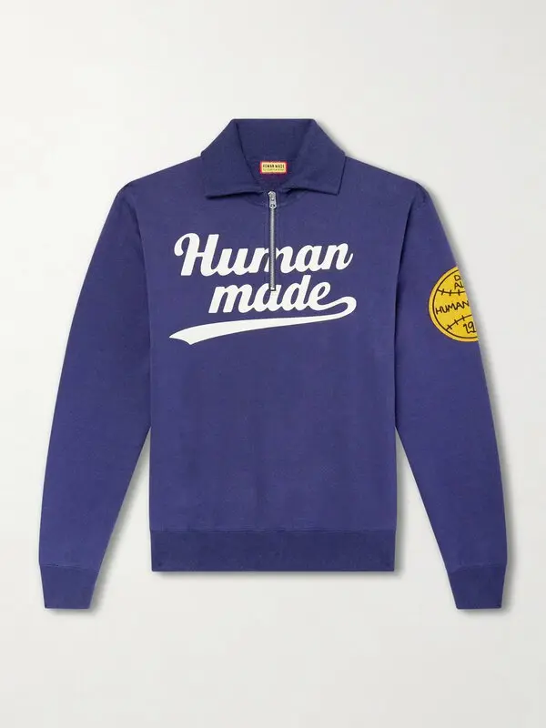 HUMAN MADE Logo-print Cotton-jersey Zip-up Sweatshirt - Blue