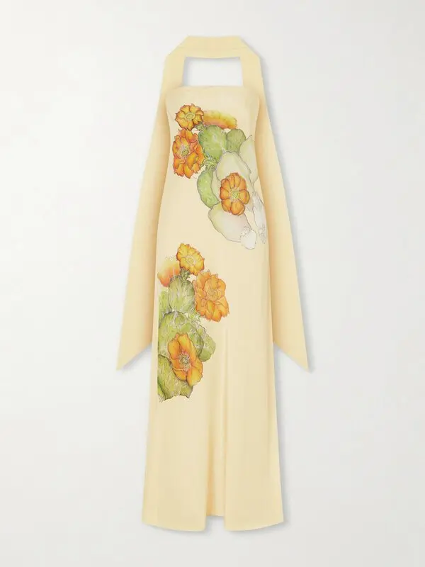 RODARTE Strapless Floral-print Silk-crepe Gown With Scarf Detail - Yellow
