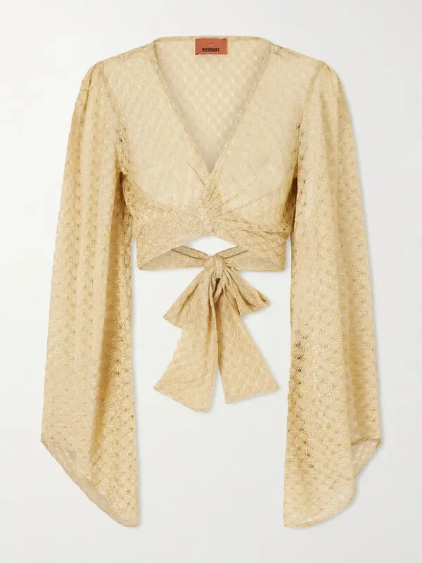 Missoni Cropped Metallic Crochet-knitted Wrap Top - Gold