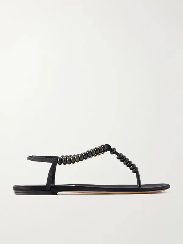 Le Monde Beryl Beaded Leather Flat Sandals - Black