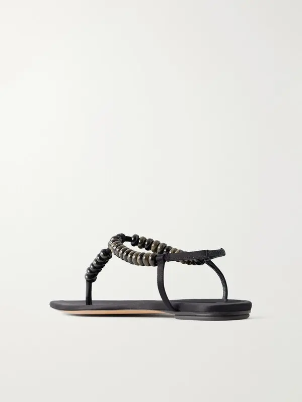 Le Monde Beryl Beaded Leather Flat Sandals - Black